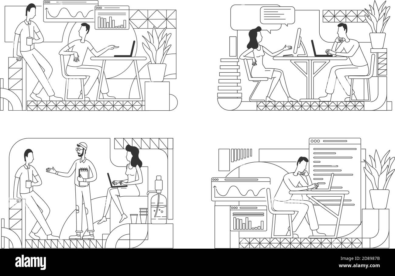 Employees coworking thin line vector illustrations set. Office workers ...