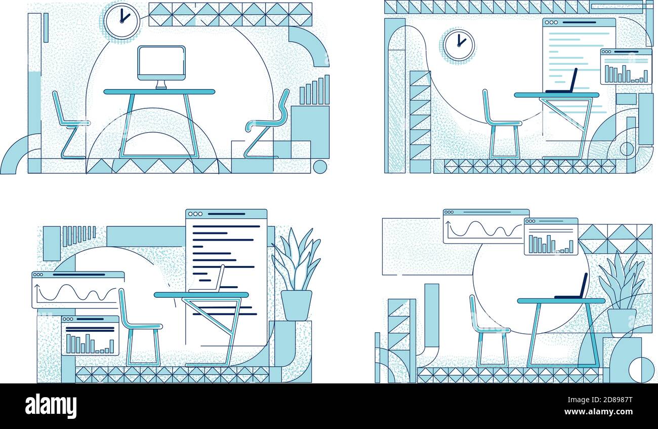 Open office interior designs outline vector illustrations set. Modern ...