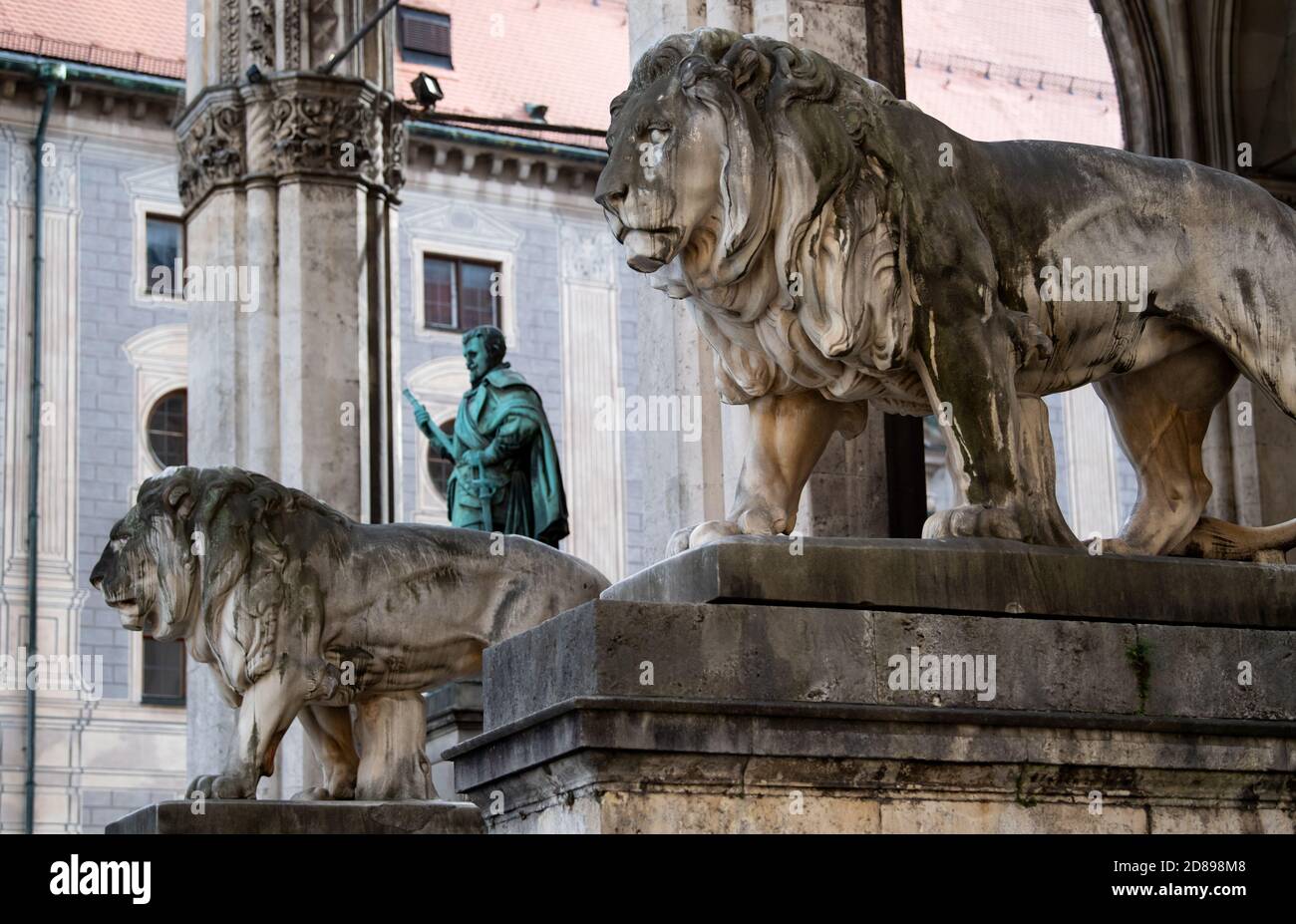 28 October 2020, Bavaria, Munich: The Graf Tilly statue (M) and two ...