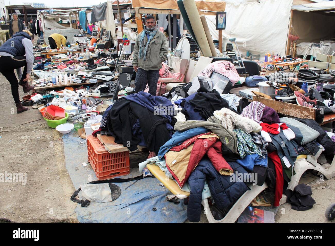 Second hand items for sale at street market in Athens, Greece, January ...