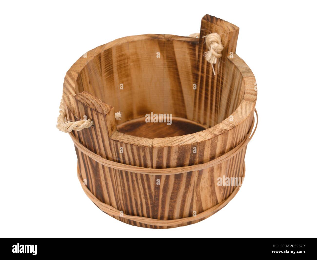 Wooden bath bucket with rope handle isolated on white background Stock ...