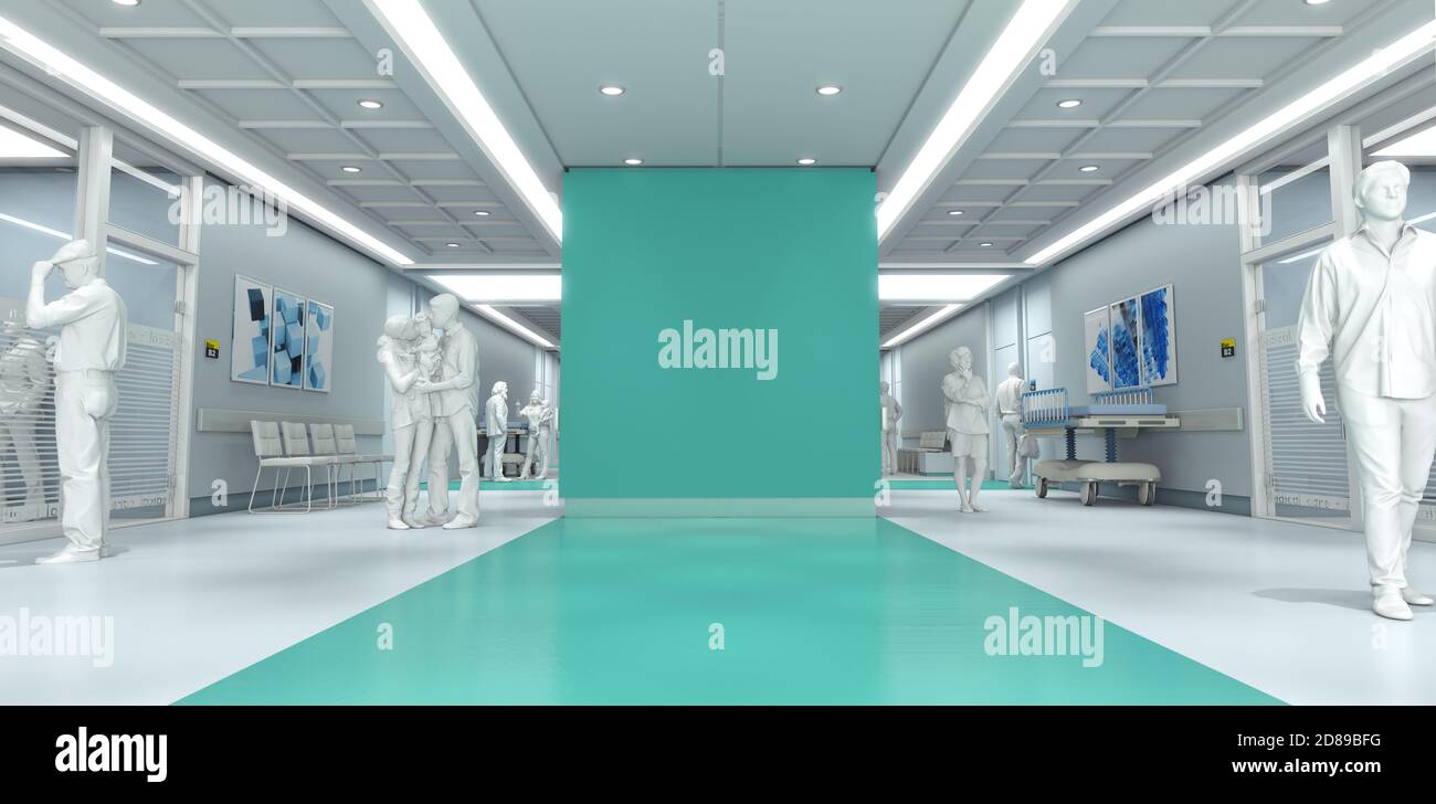 3D rendering of a hospital interior with model patients and staff with ...