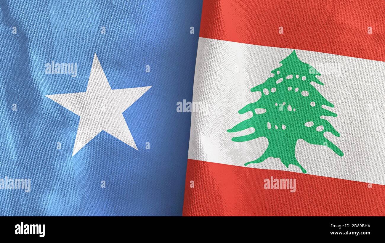 Lebanon and Somalia two flags textile cloth 3D rendering Stock Photo ...