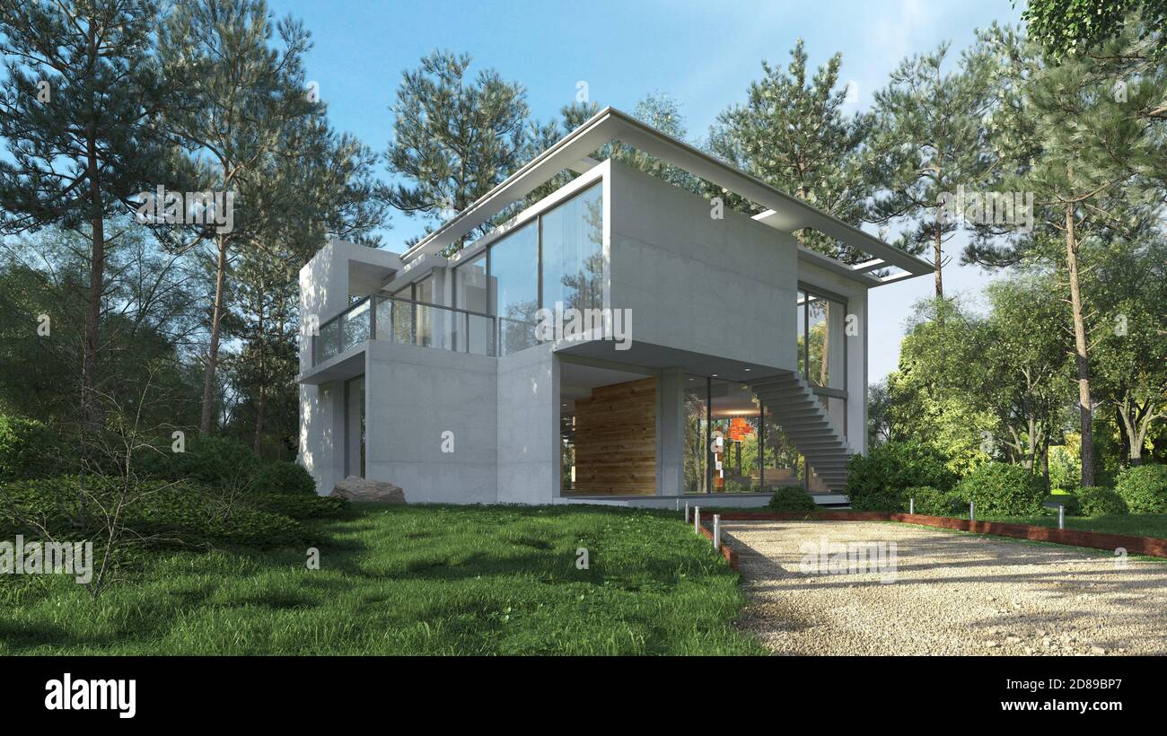 3D rendering of a modern building with huge windows, external view ...