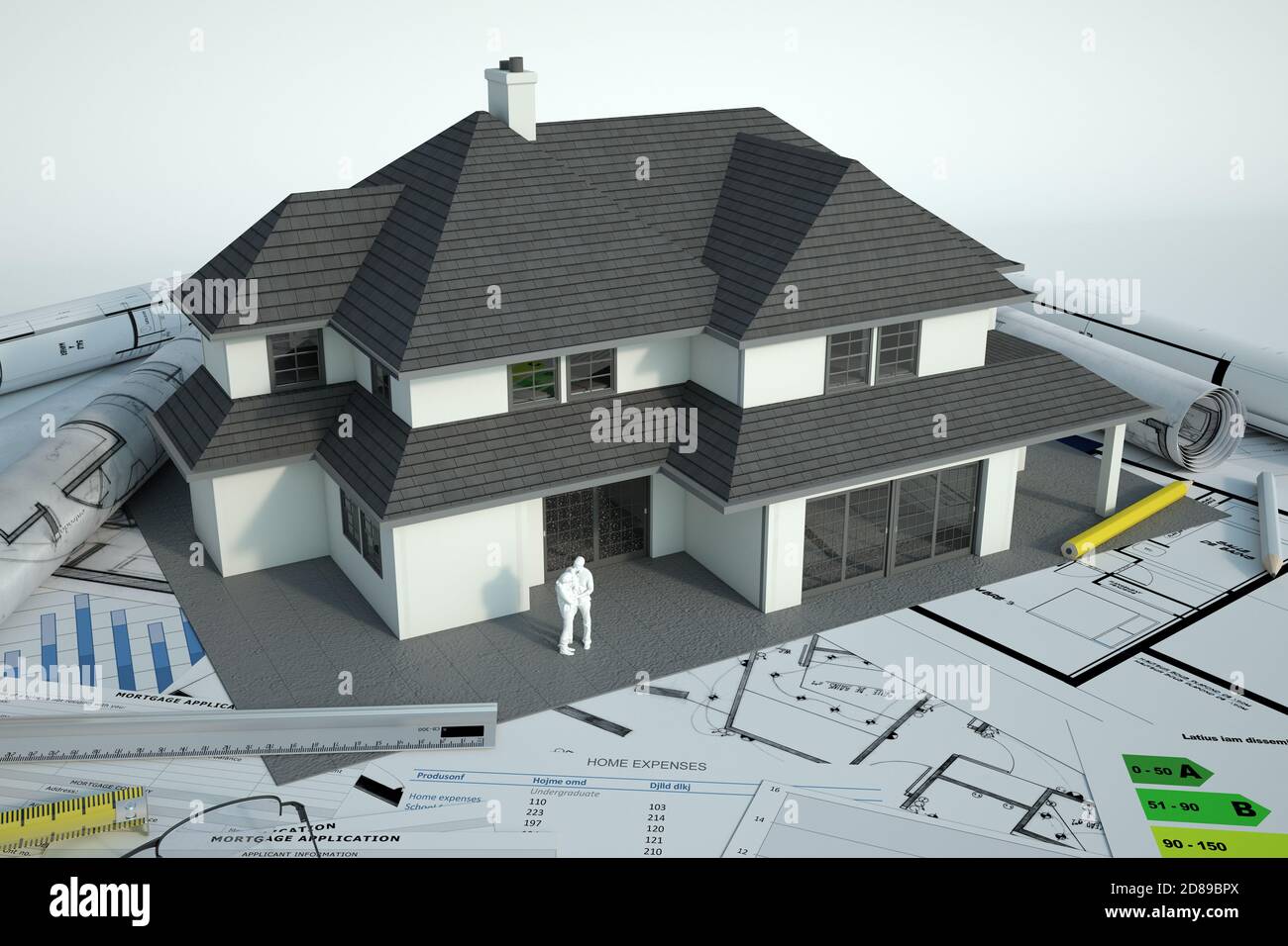 3D rendering of a house model with a family on top of blueprints ...