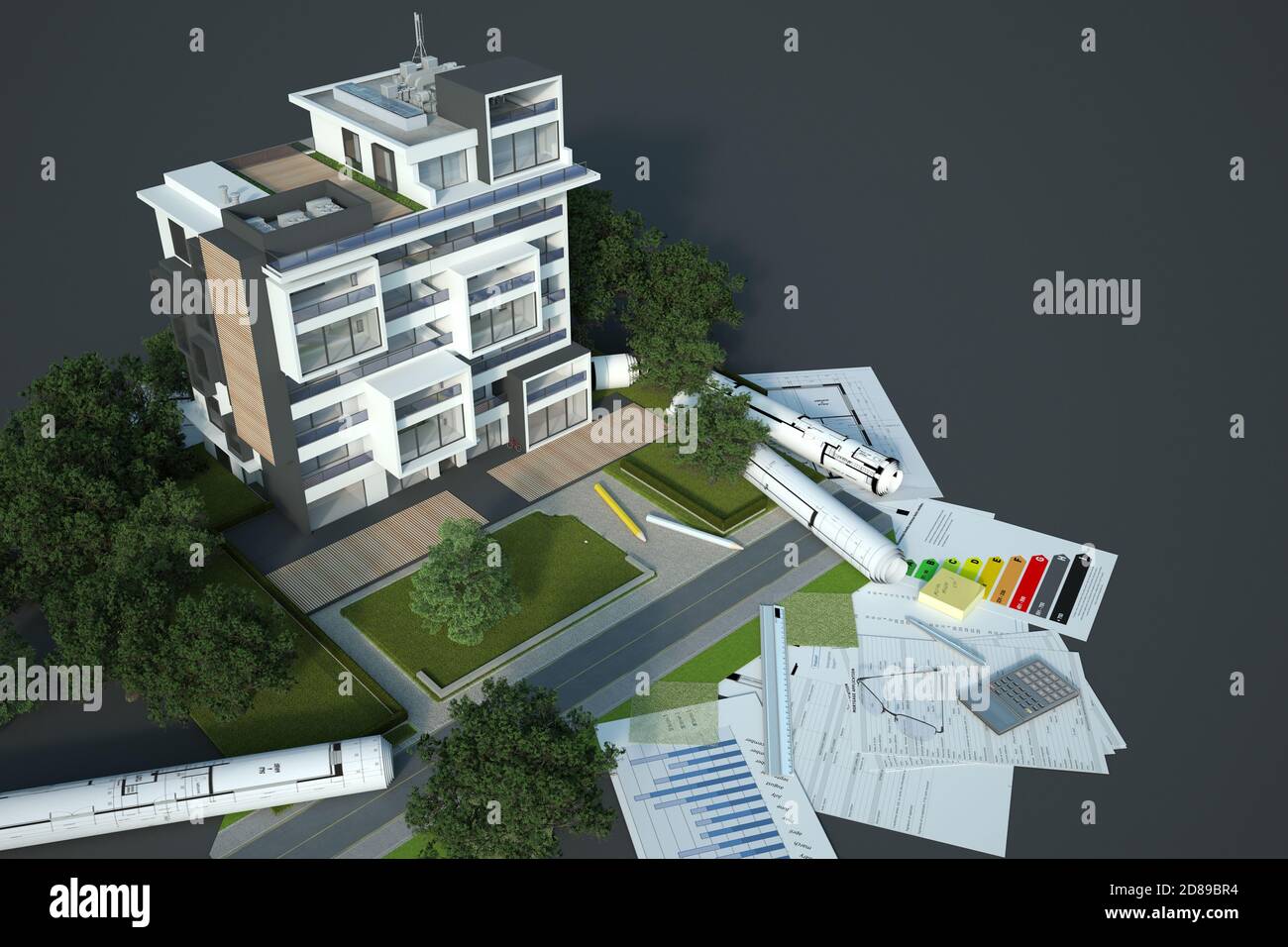 3D rendering of a sustainable building architecture model with ...