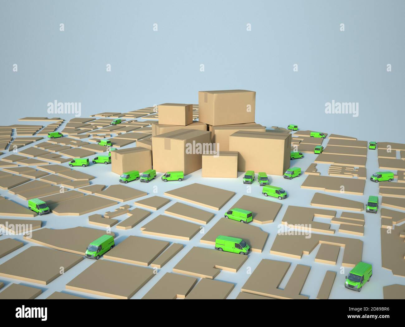 3D rendering of a cardboard textured map with green trucks circulating ...