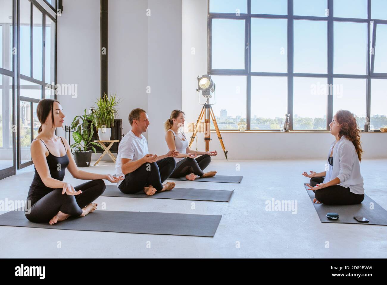 Yoga class lifestyle concept. Young people practicing yoga in modern ...