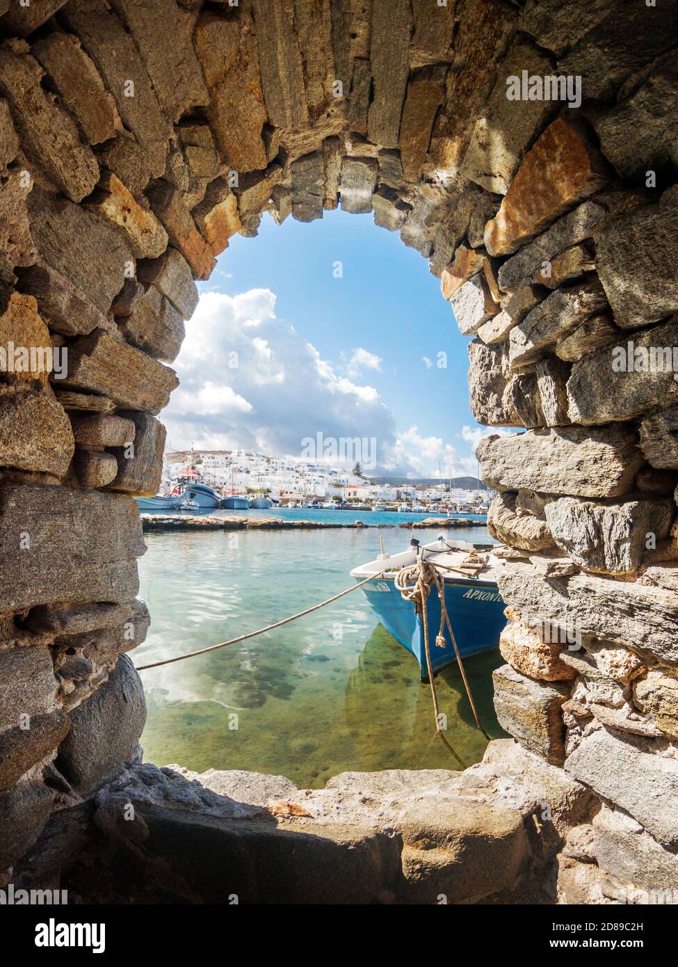 Naoussa village, in Paros island, partial view of the fishing port ...