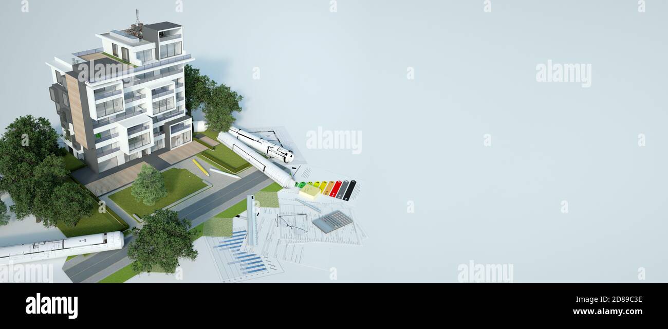 3D rendering of a sustainable building architecture model with ...