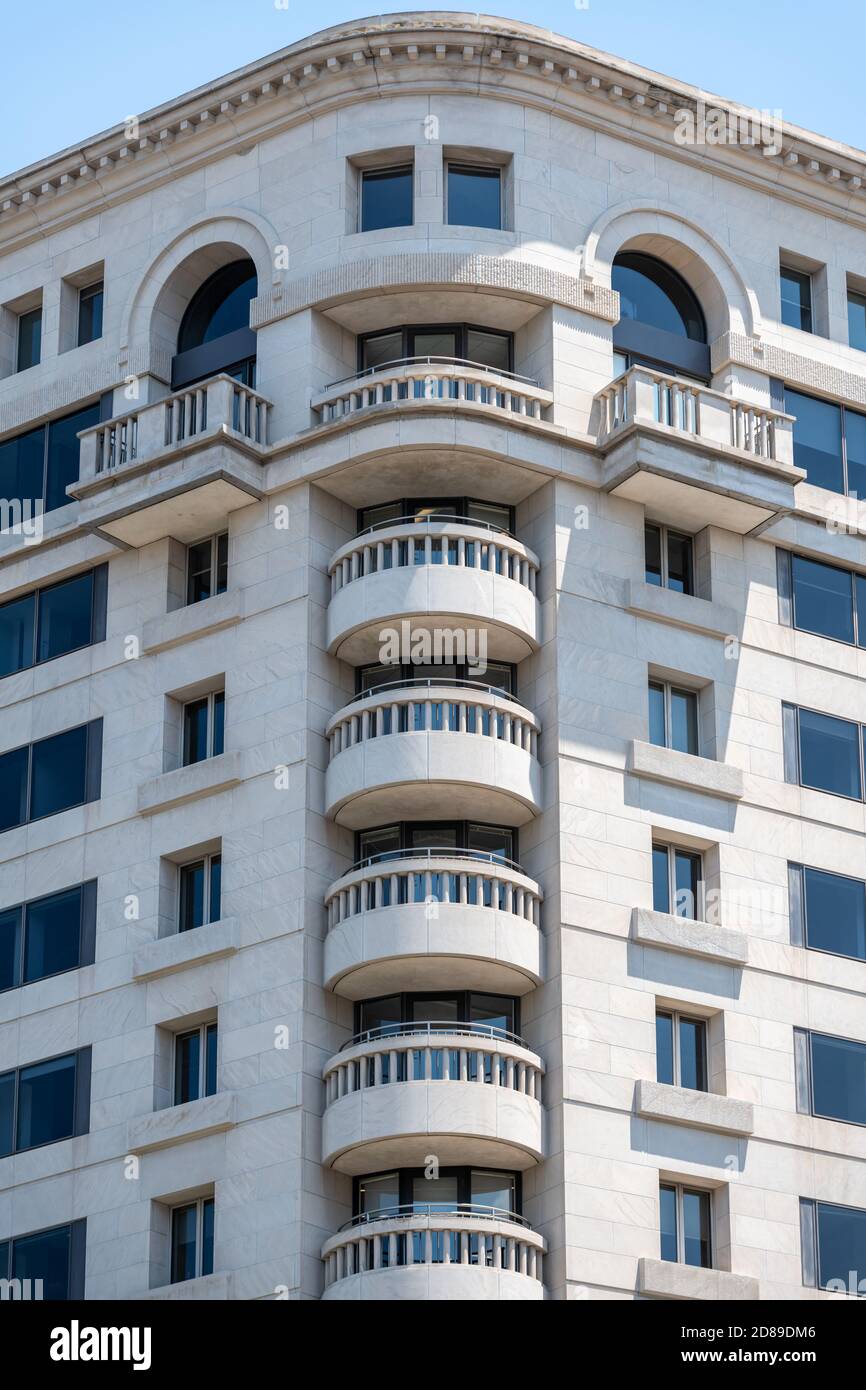 Distinctive curved balconies at the corner of the1950's post modernist ...