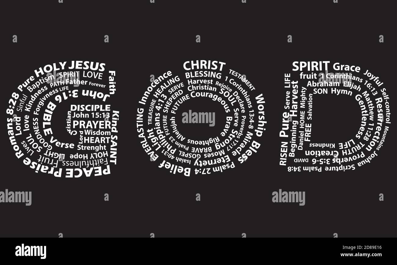 Word God in white written with christian words on black background ...