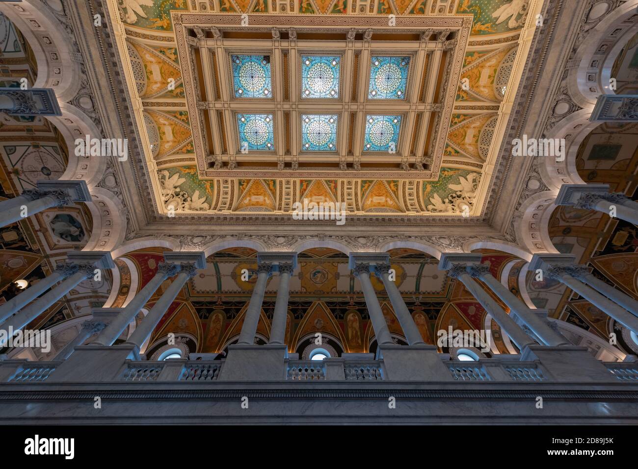 The elaborately decorated ceiling of the Great Hall of the Library of ...