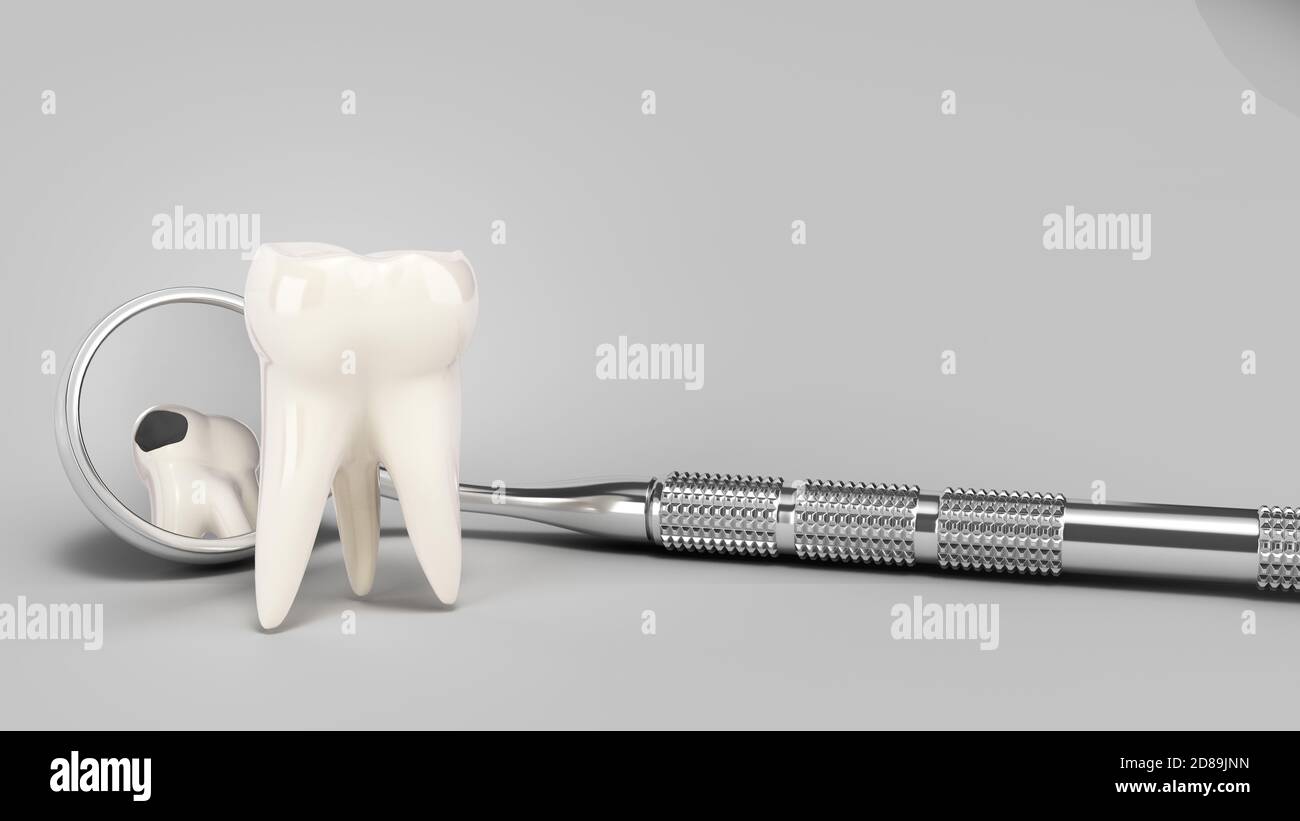 concept of hidden tooth damage in dental mirror 3d render on grey ...