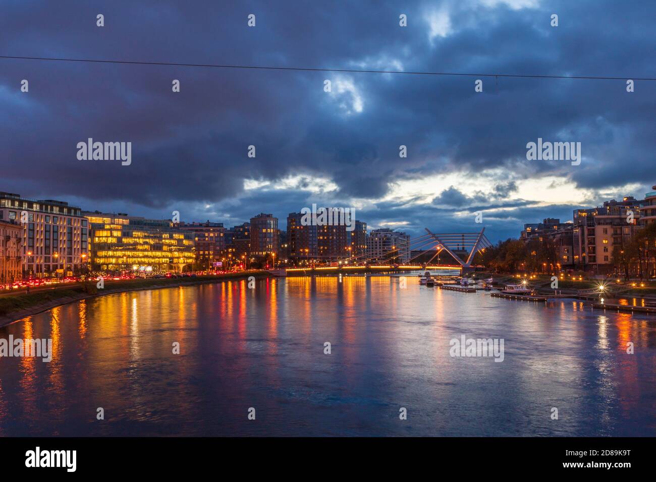 city bridge landscape and office buildings architecture skyline night ...