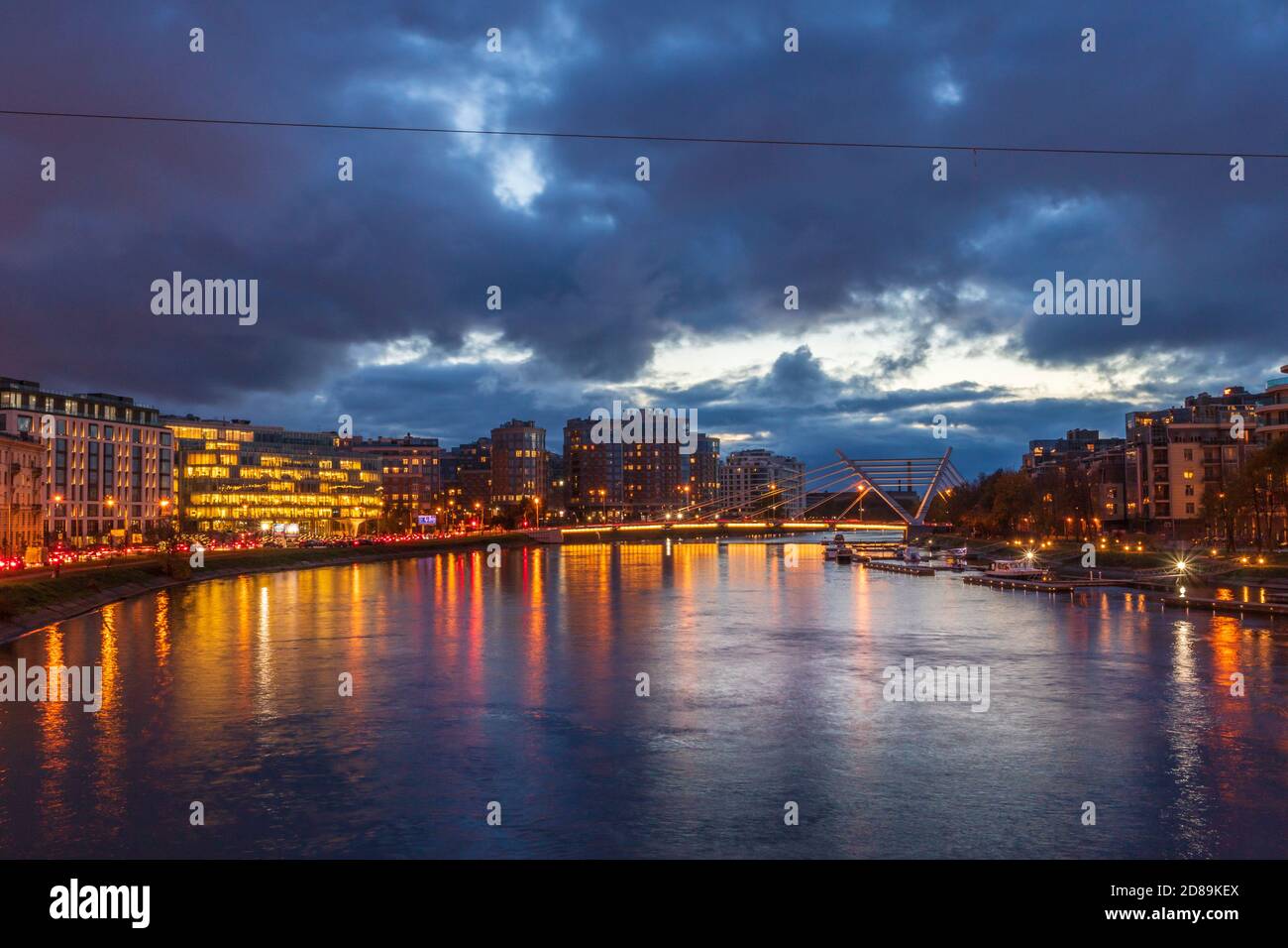 city bridge landscape and office buildings architecture skyline night ...