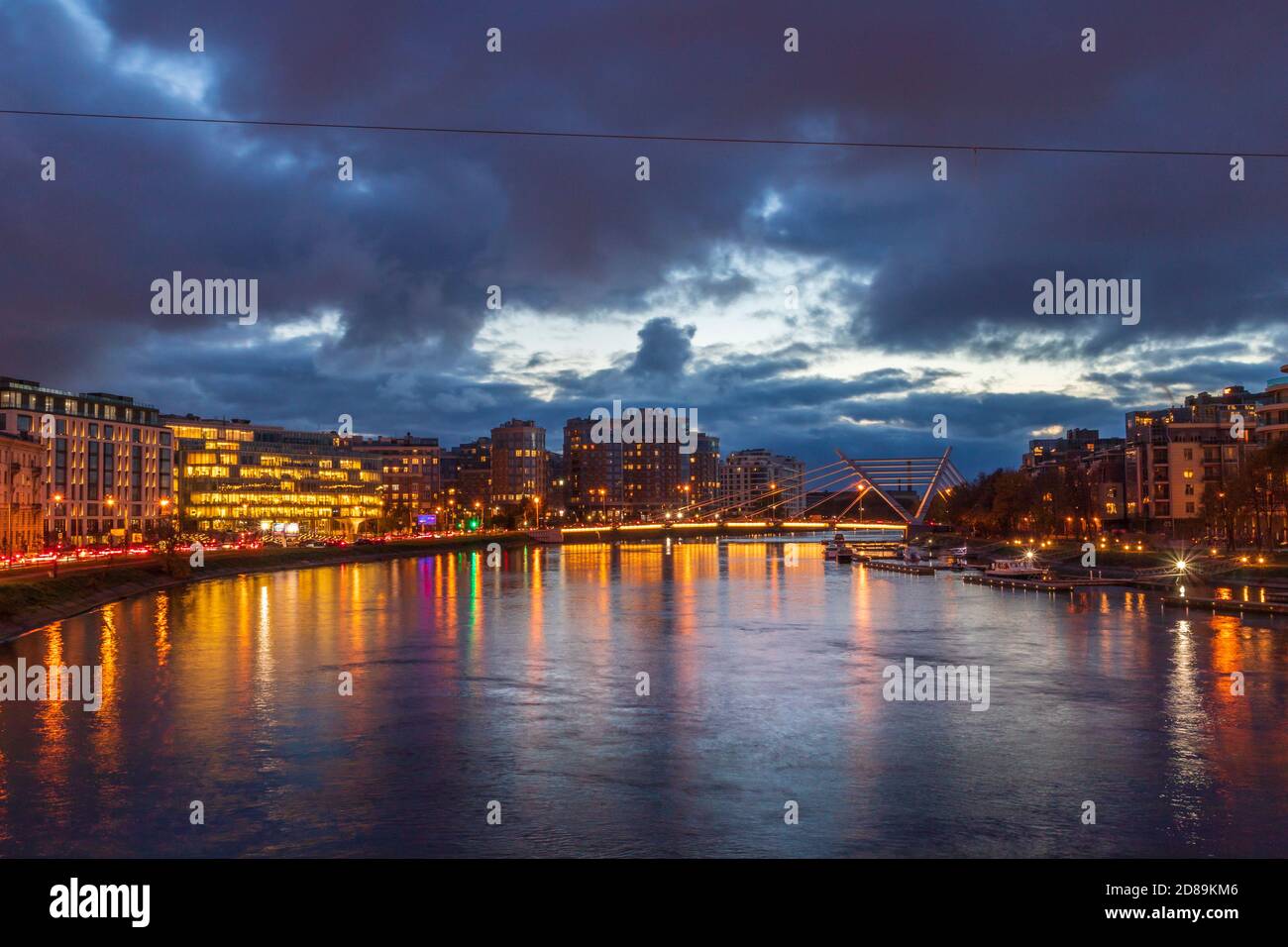 city bridge landscape and office buildings architecture skyline night ...