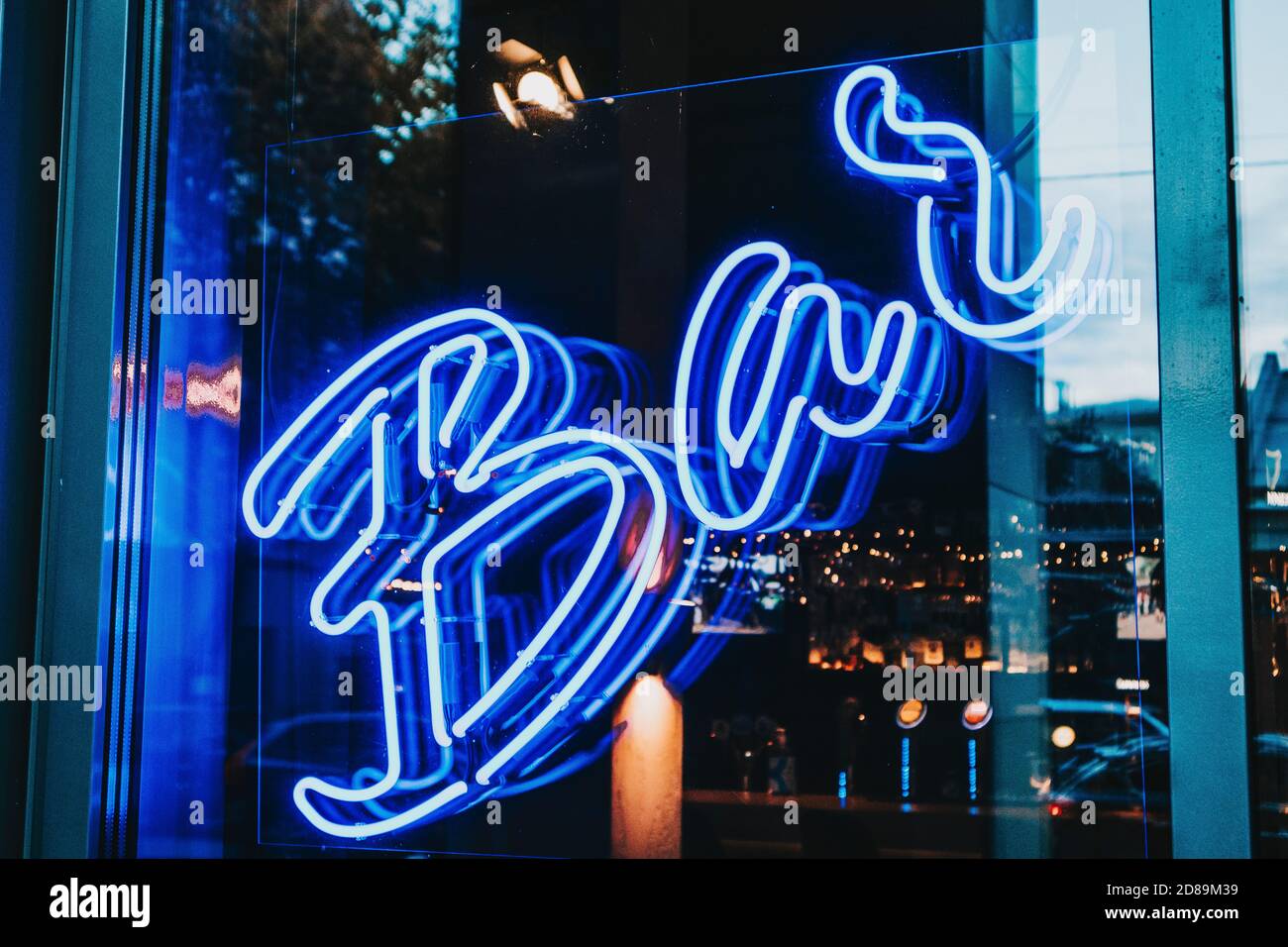 neon sign bar street showcase cocktail restaurant blue dark Stock Photo ...