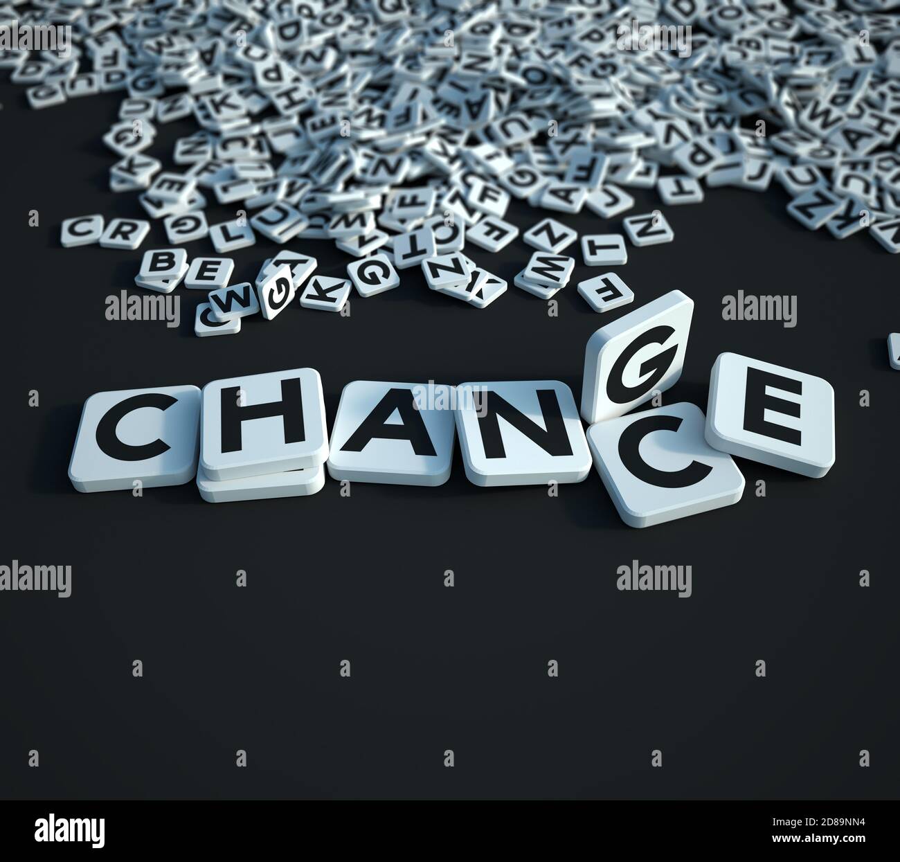 3D rendering of a background with scattered letter tiles with a small ...