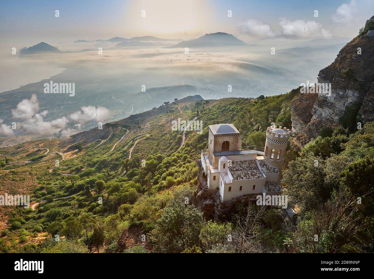 View of the small Torretta Pepoli Erice, looking out through clouds to ...