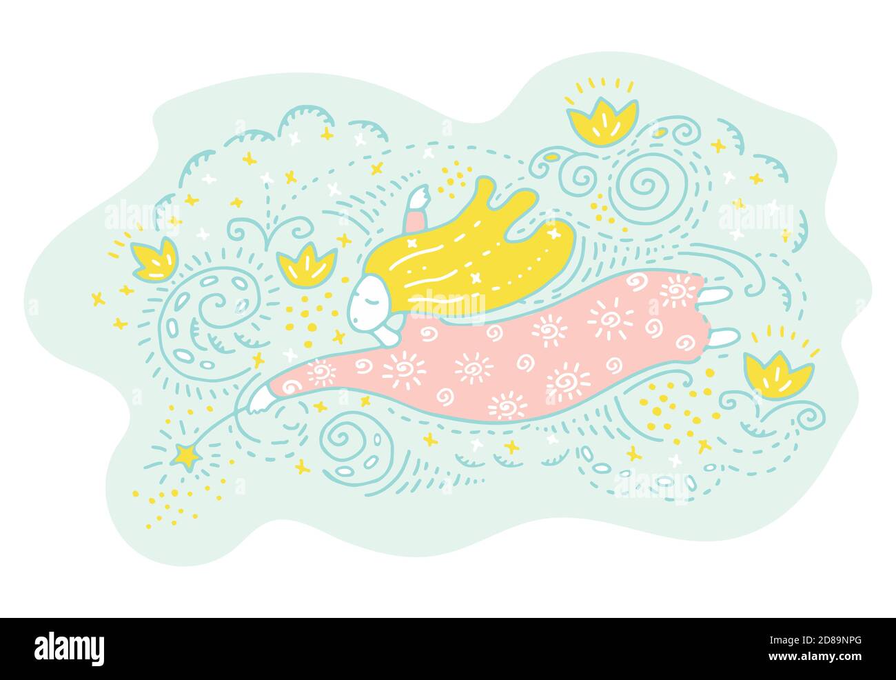 The girl with a magic wand flies and scatters magic dust at dawn. Hand ...