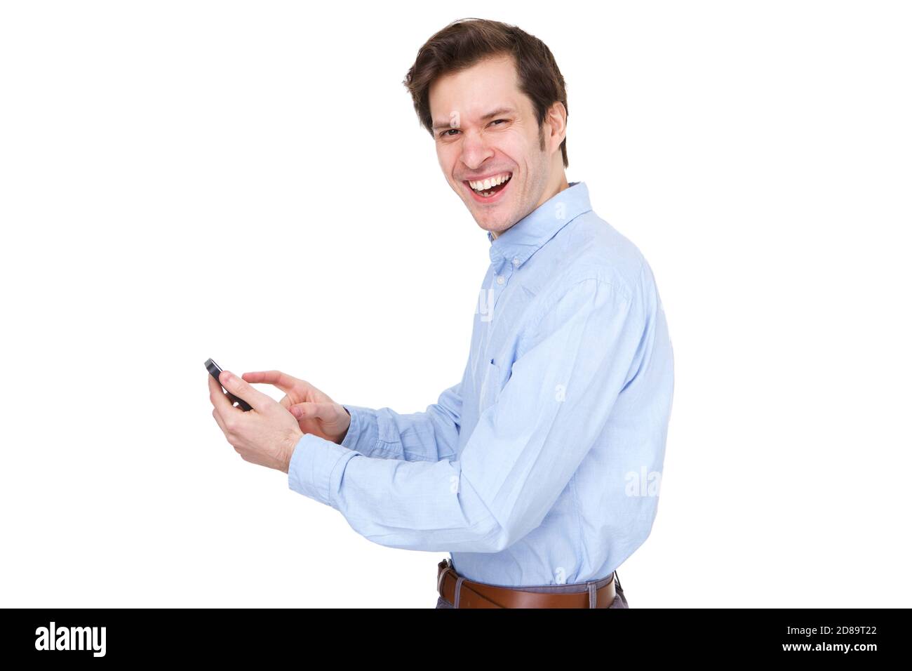 Close up portrait of laughing business casual man standing and holding ...