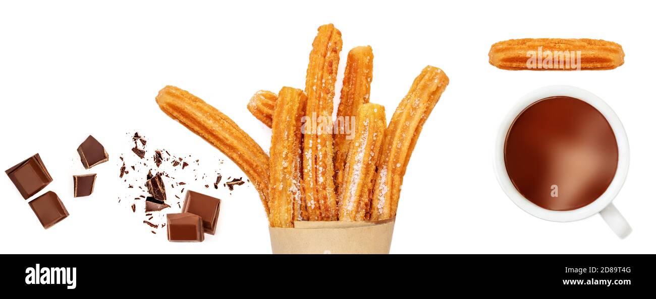 Churro collection isolated on a white background, top view. Flat lay ...