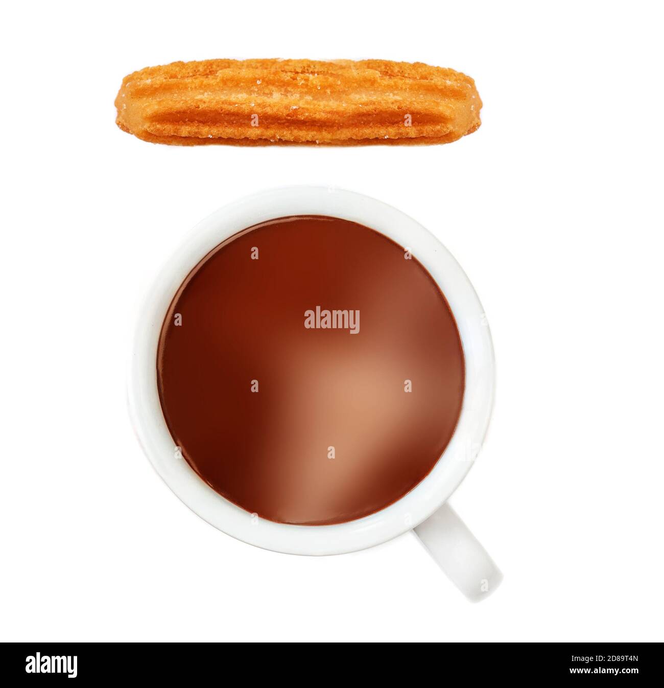 Churro with cup of dark hot chocolate isolated on white background ...