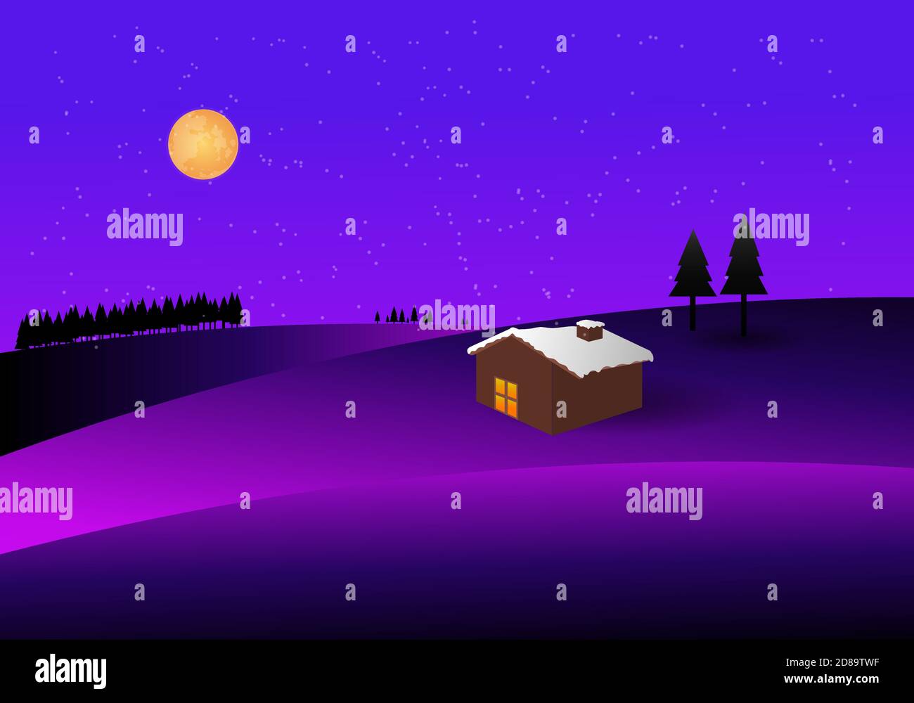 Winter landscape. Vector illustration of wooden hut, snow, full moon ...