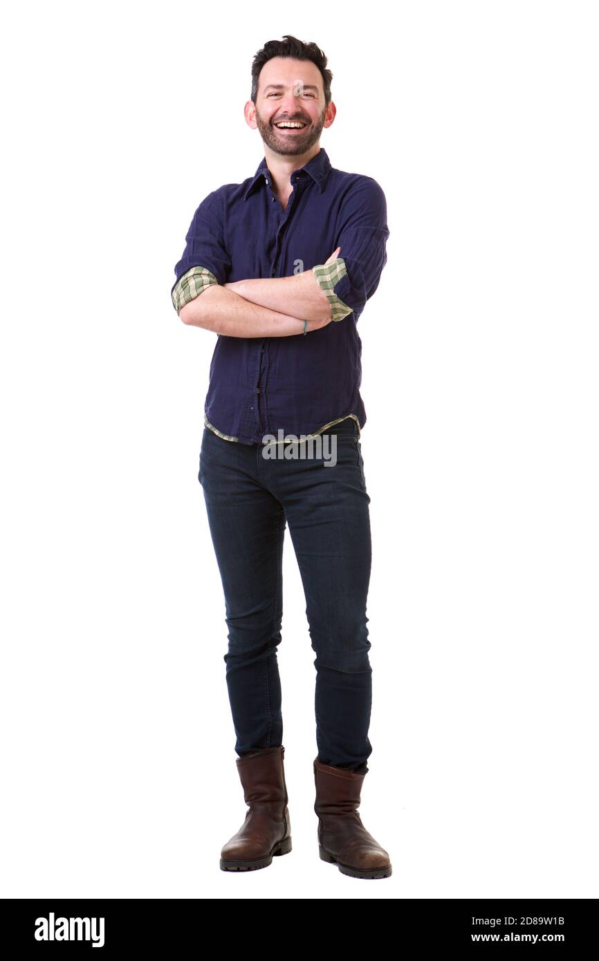 Full body portrait of handsome man with beard posing against isolated ...