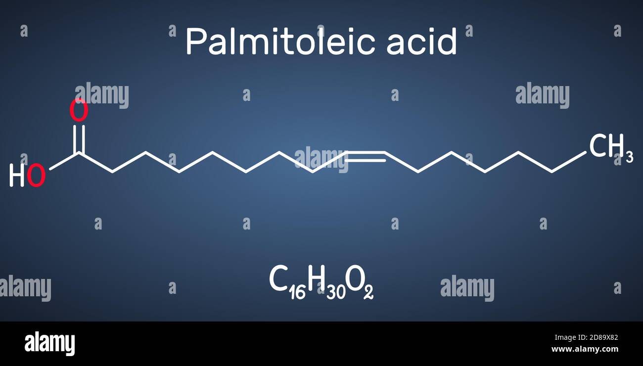 Palmitoleic acid, palmitoleate molecule. It is an omega-7 ...