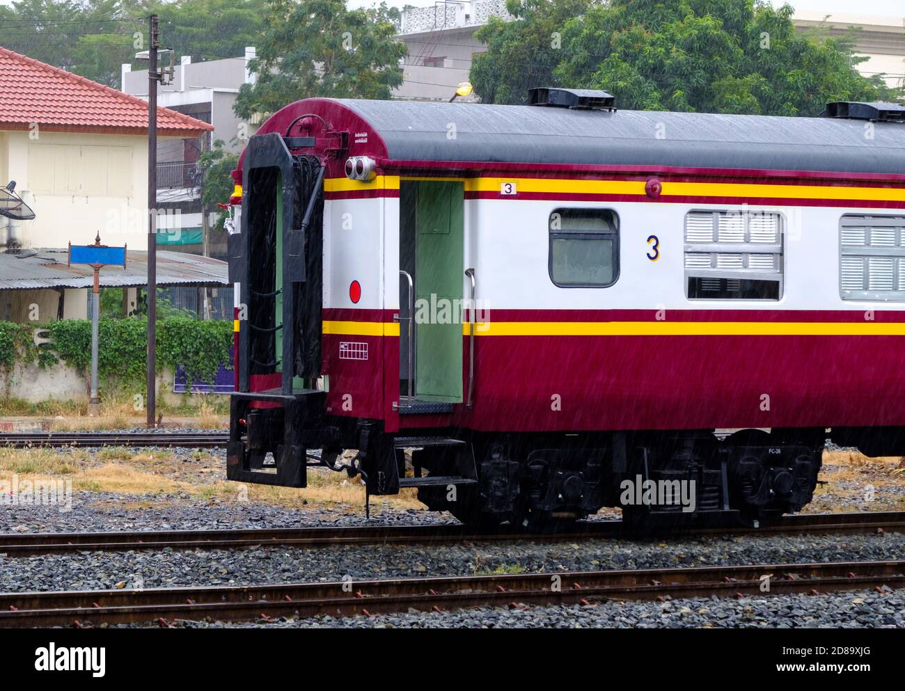 The rear of the bogie third class carriage of the ordinary train in the ...