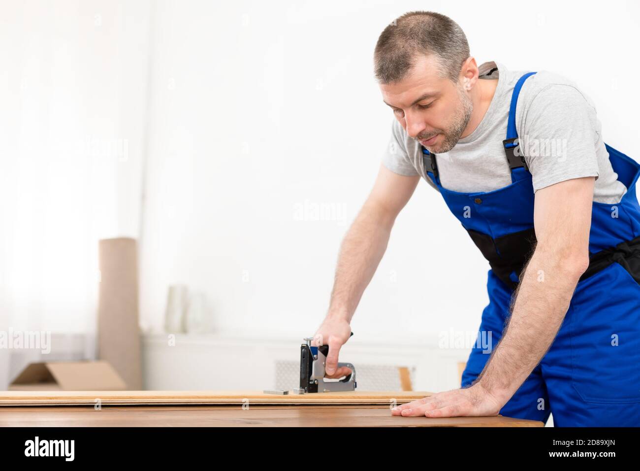 Professional Carpenter Working Using Staple Gun Making Furniture ...