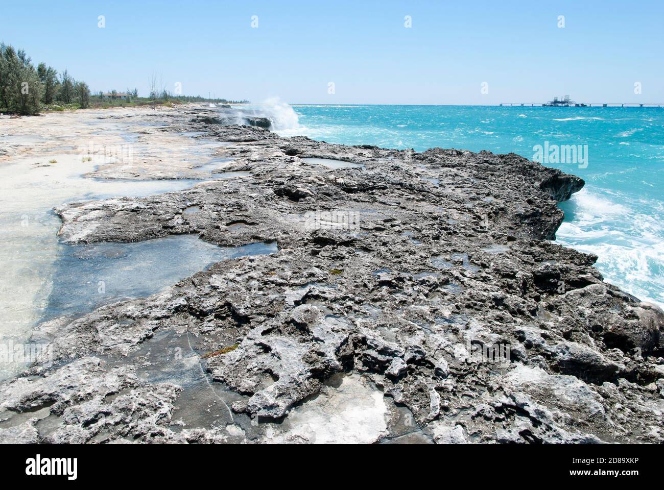 The view of Grand Bahama rocky shore with big waves and wet dock in a ...
