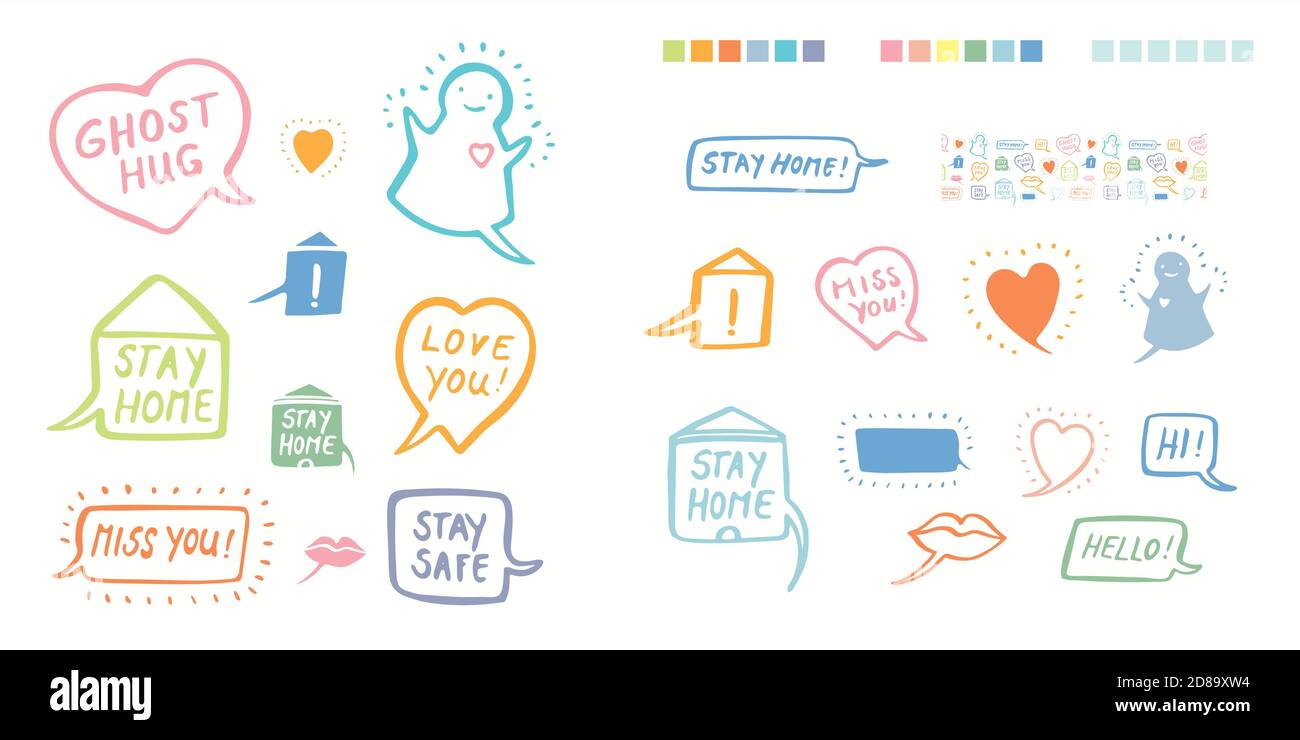Vector social distancing comic style doodle icon set, greeting card ...