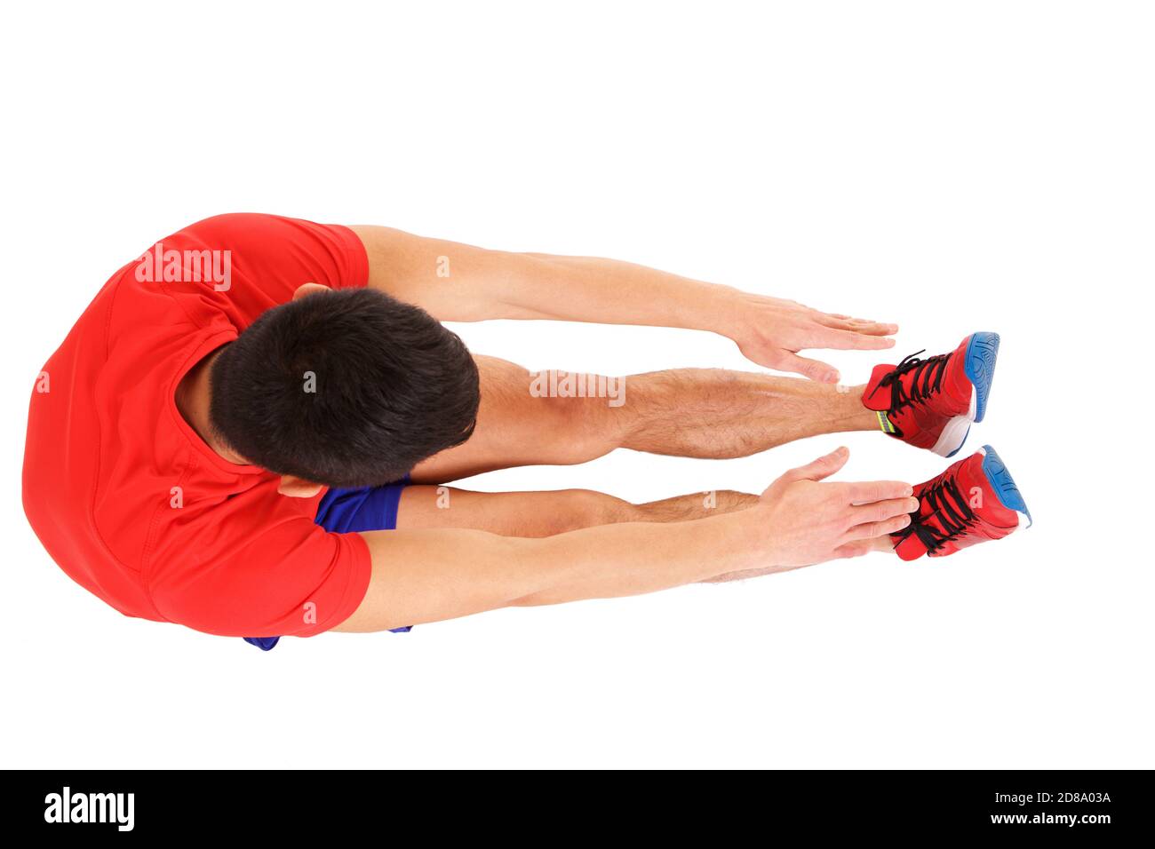 Top view of mature asian man sitting over white background and doing ...