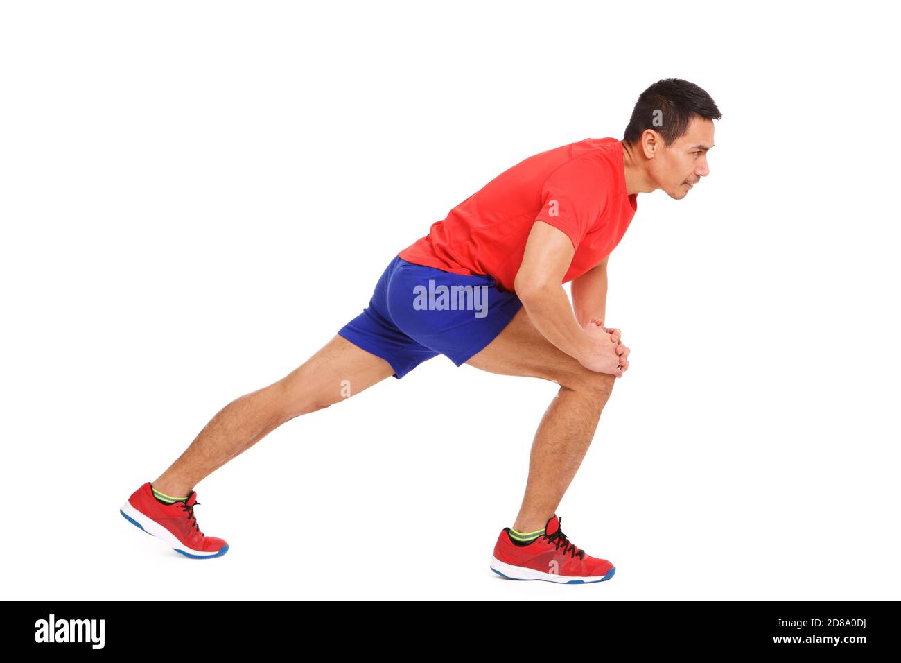 Full body side portrait of healthy mature asian man strretching his ...