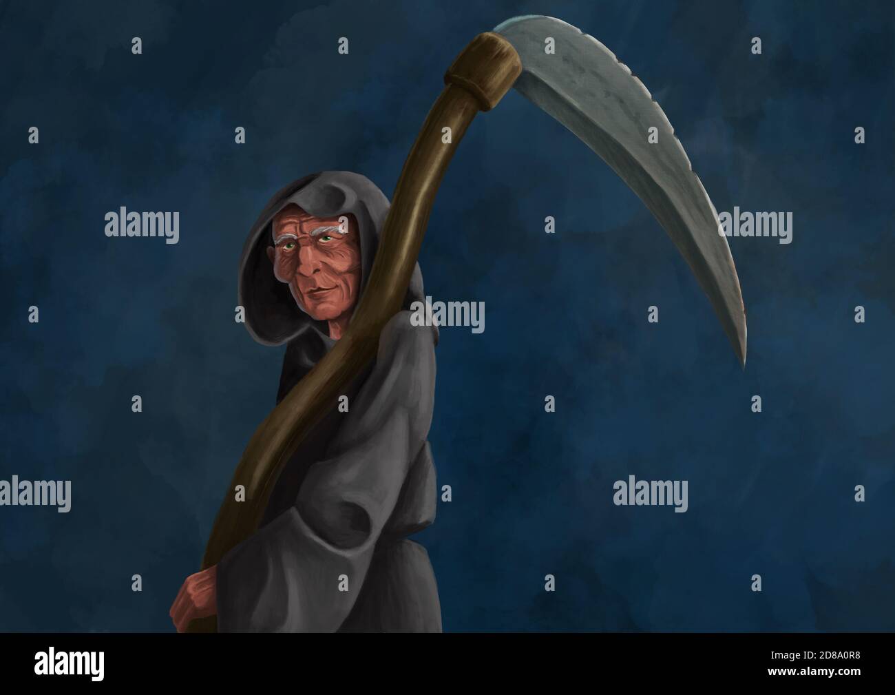 A dark digital painting of The Grim Reaper (aka Death) as an old man ...