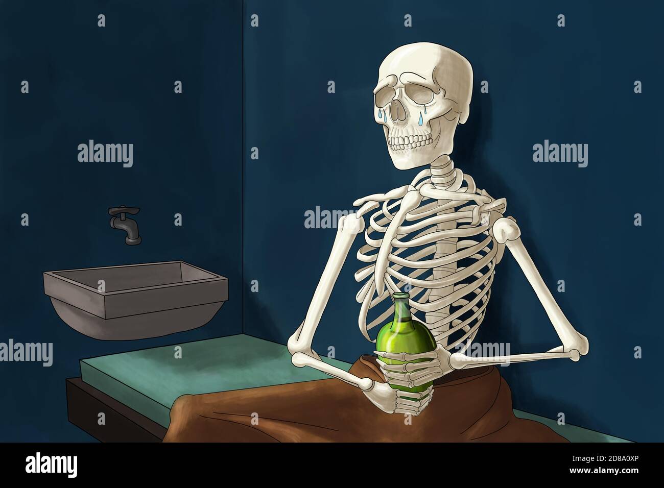 Digital illustration of a sad skeleton sitting alone in a prison cell ...