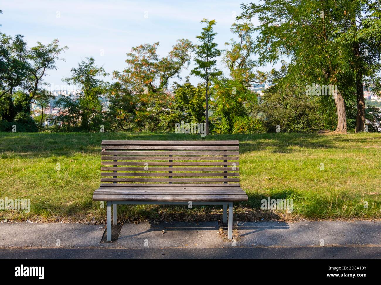 Empty park bench, Vrch Vítkov, Vitkov park, Zizkov, Prague, Czech ...