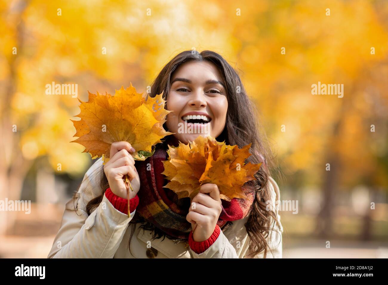 Happy Caucasian woman with bunches of yellow fall leaves laughing at ...