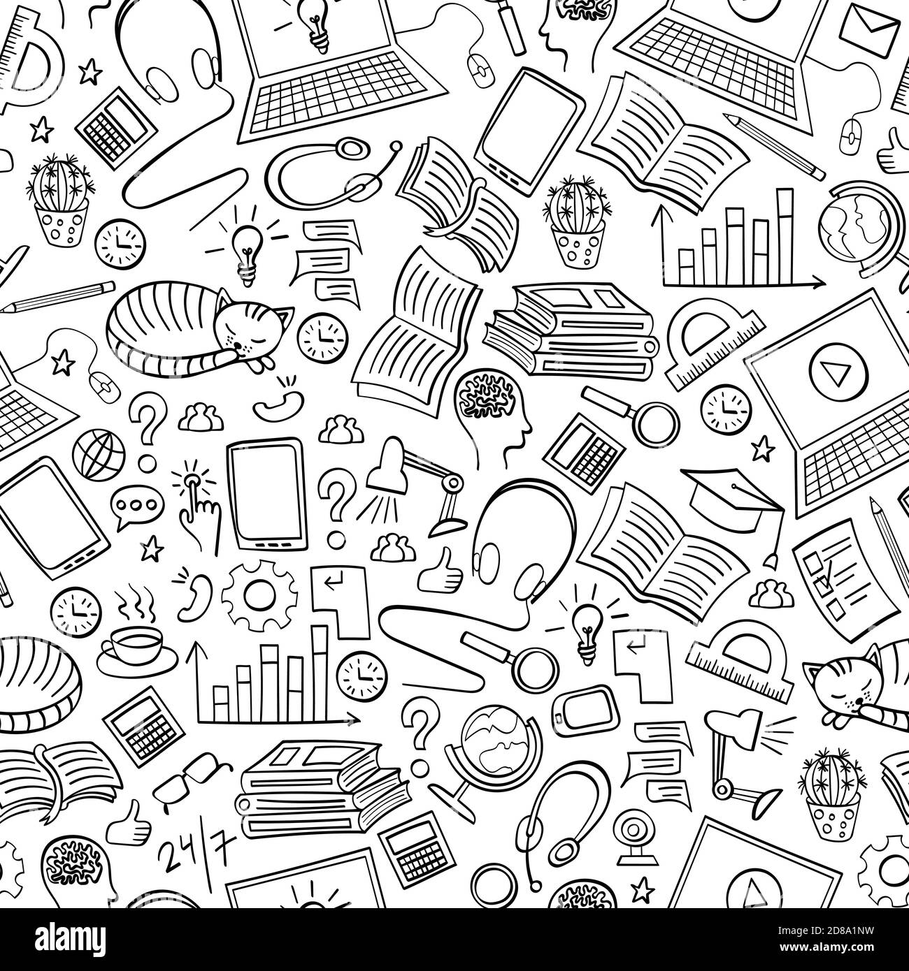 Online education hand drawn seamless pattern. Black doodles on white ...