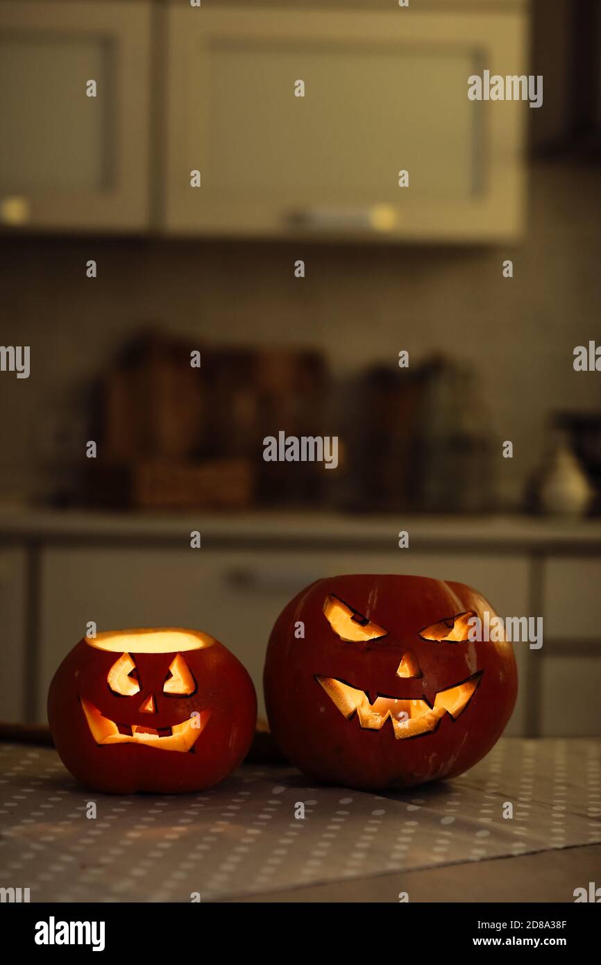 Halloween pumpkins smile and scary eyes for party night. Close up view ...