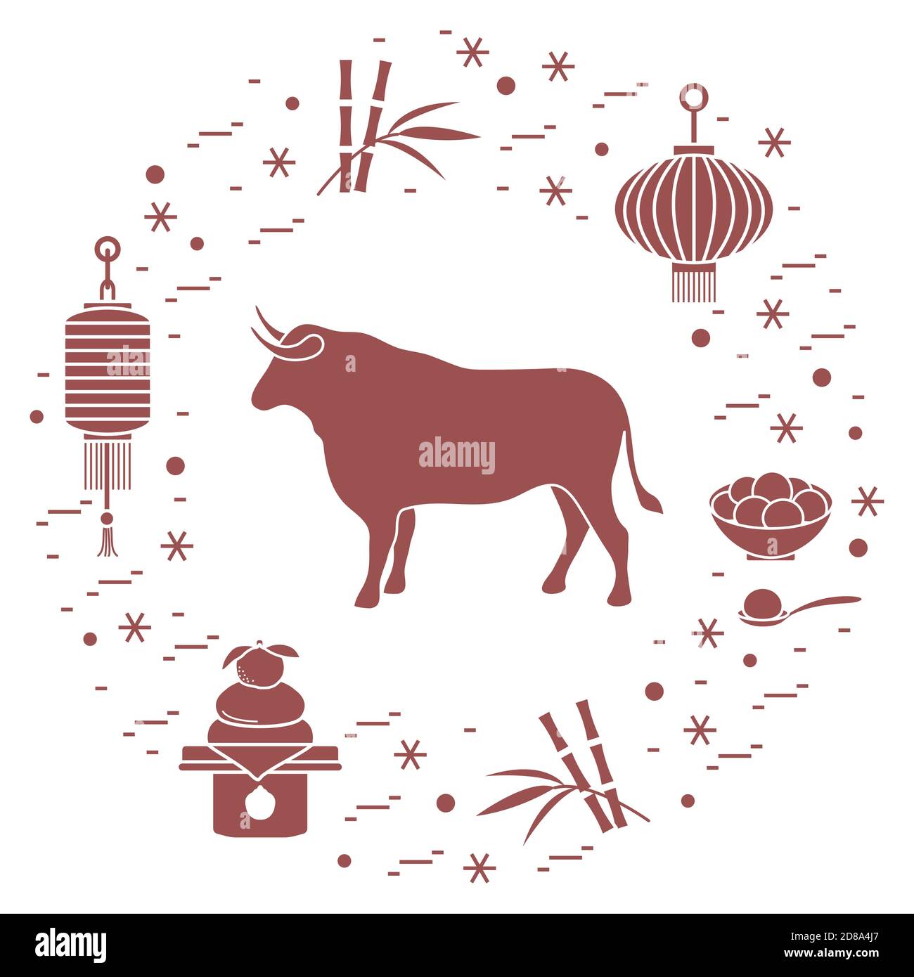 Happy New Year 2021 Vector illustration bull, lanterns, traditional ...