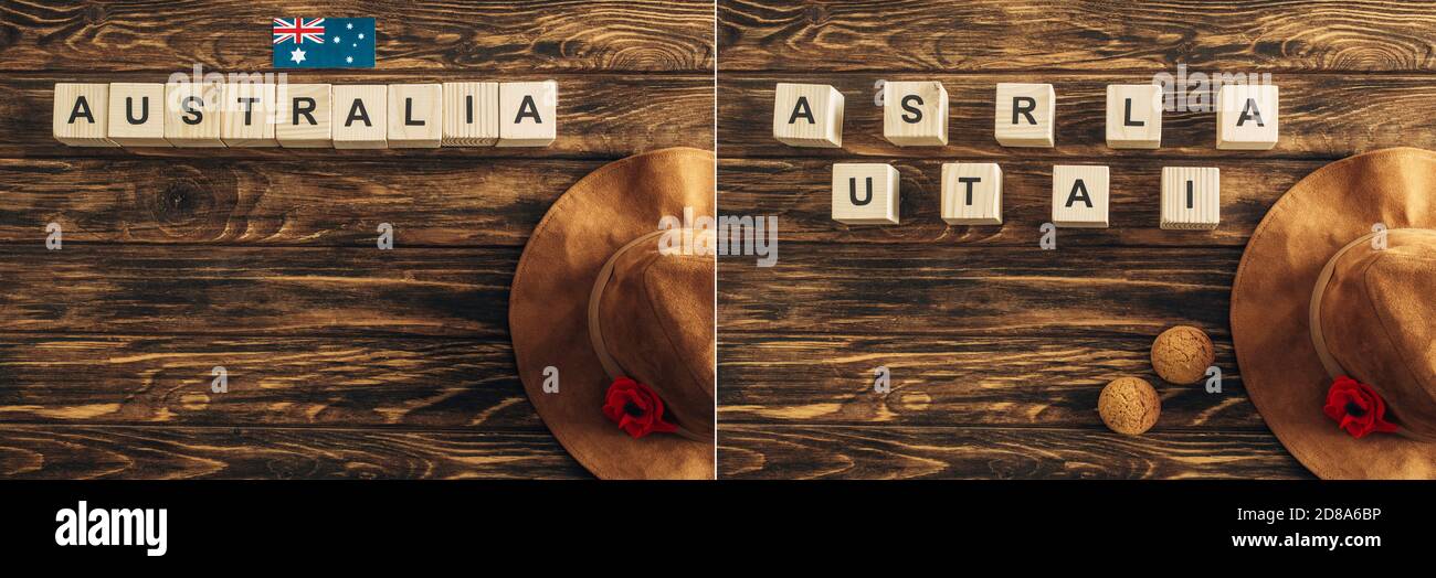 collage of artificial flowers, felt hats, australian flag and cubes ...