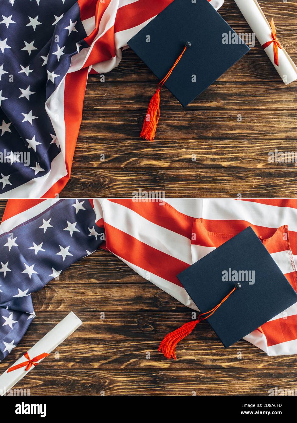 collage of diploma and graduation caps near american flags with stars ...