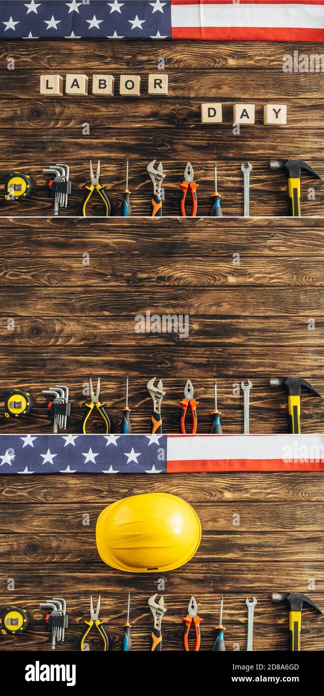 collage of instruments, safety helmet and american flags near cubes ...