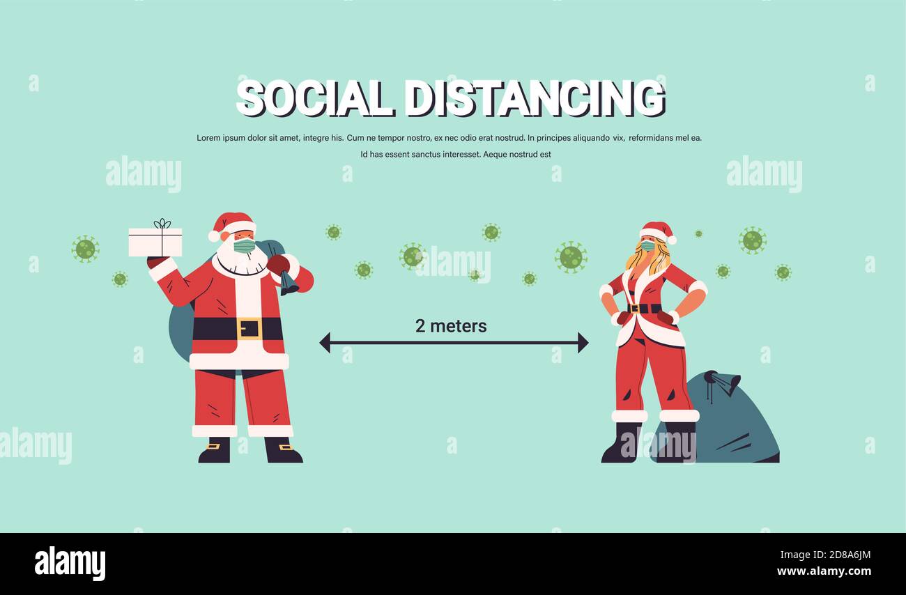man woman in santa claus costumes keeping social distance to prevent ...