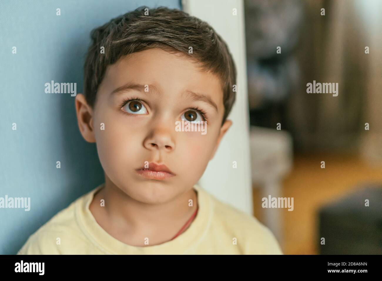 portrait of thoughtful, adorable brunette boy looking up with brown ...