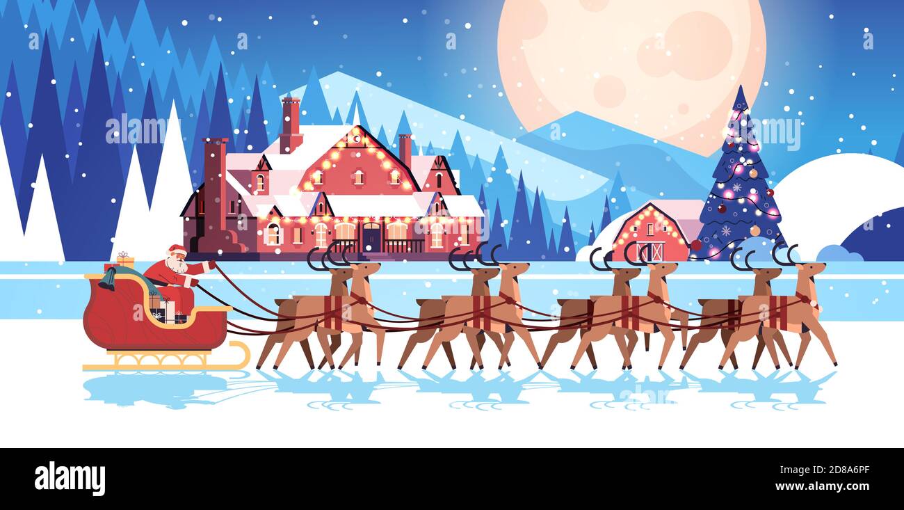 santa riding sledge with reindeers happy new year and merry christmas ...